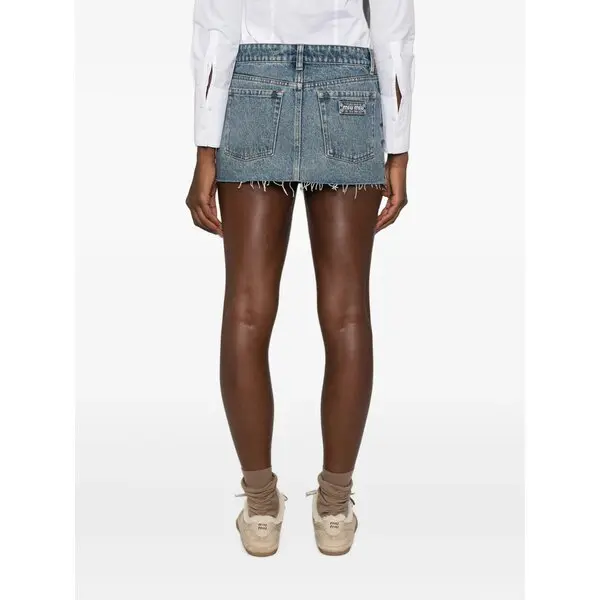 Miu Miu Logo Patch Frayed Hem Mini Denim Skirt