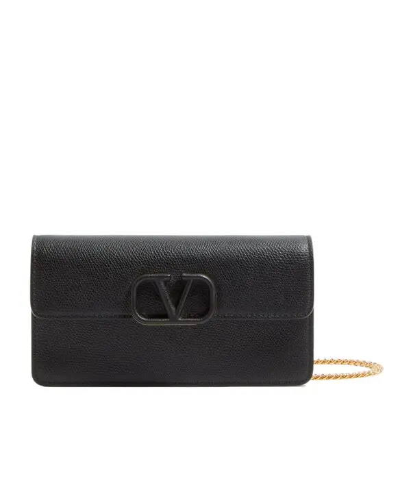 Valentino Garavani Vlogo Signature Grainy Calfskin Wallet With Chain - Black