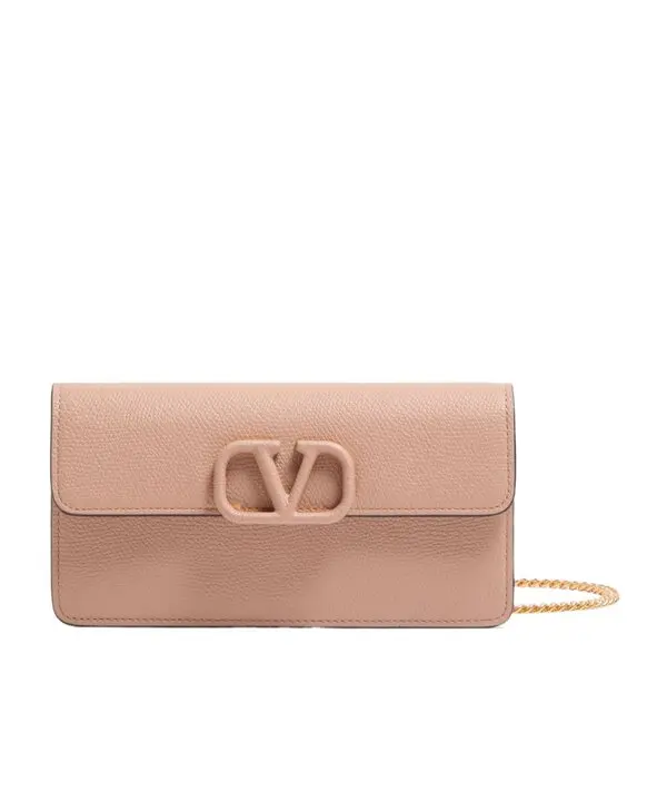 Valentino Garavani Vlogo Signature Grainy Calfskin Wallet With Chain - Rose Cinnamon