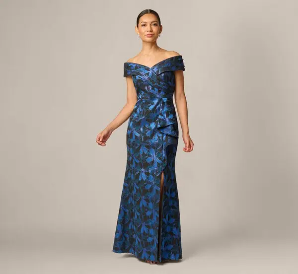 Adrianna Papell Petite Off-the-shoulder Jacquard Gown