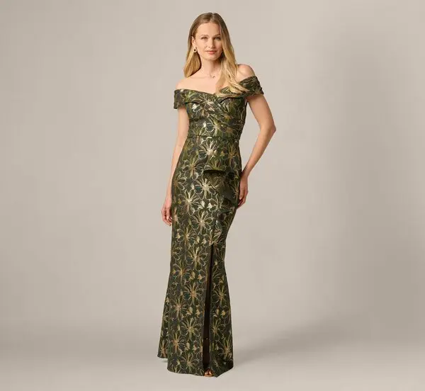 Adrianna Papell Off Shoulder Jacquard Gown In Olive Gold - Olive/gold