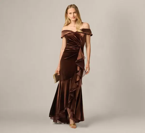 Adrianna Papell Off-the-shoulder Velvet Mermaid Gown With Organza Ruffle - Dark Brown