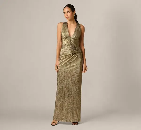 Adrianna Papell Textured Metallic Knit Gown - Gold