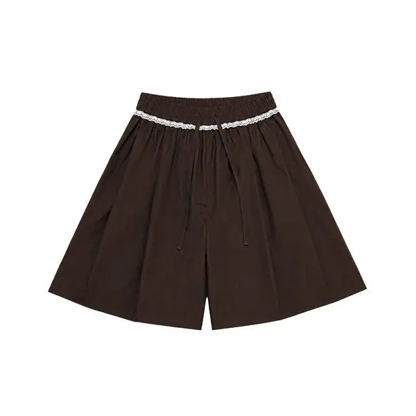 ALAS Cotton Poplin Shorts With Lace Trim - Brown