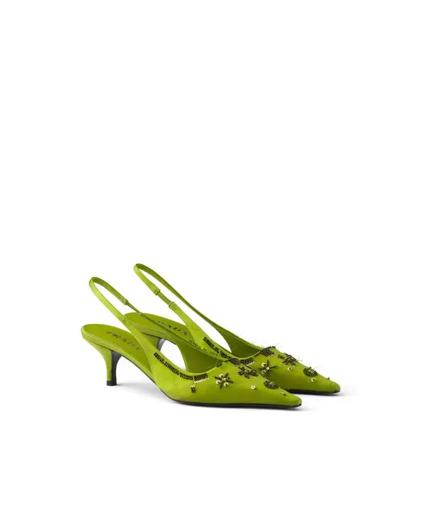 Prada Embroidered Satin Slingback Pumps