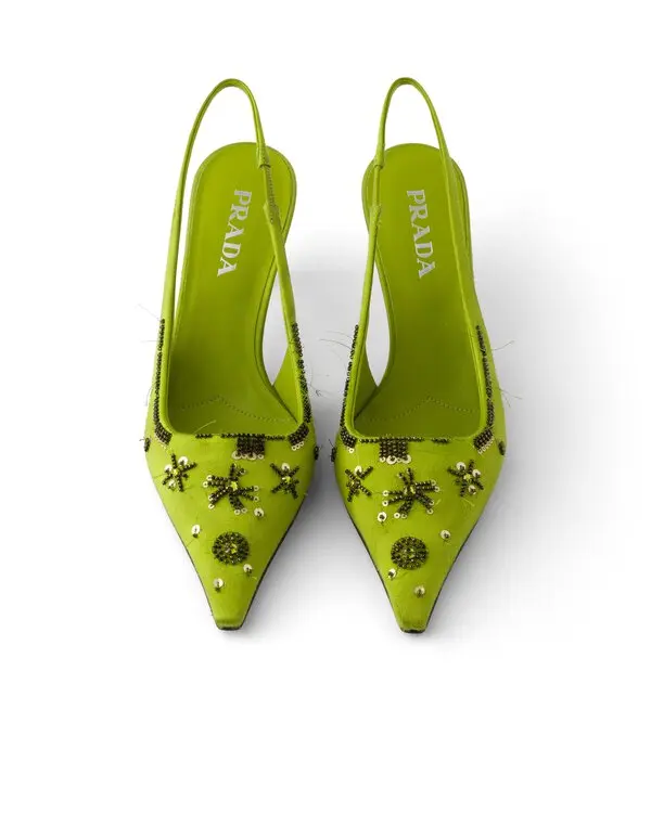 Prada Embroidered Satin Slingback Pumps
