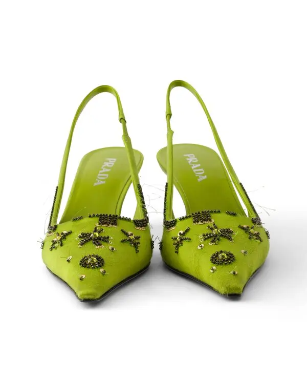 Prada Embroidered Satin Slingback Pumps