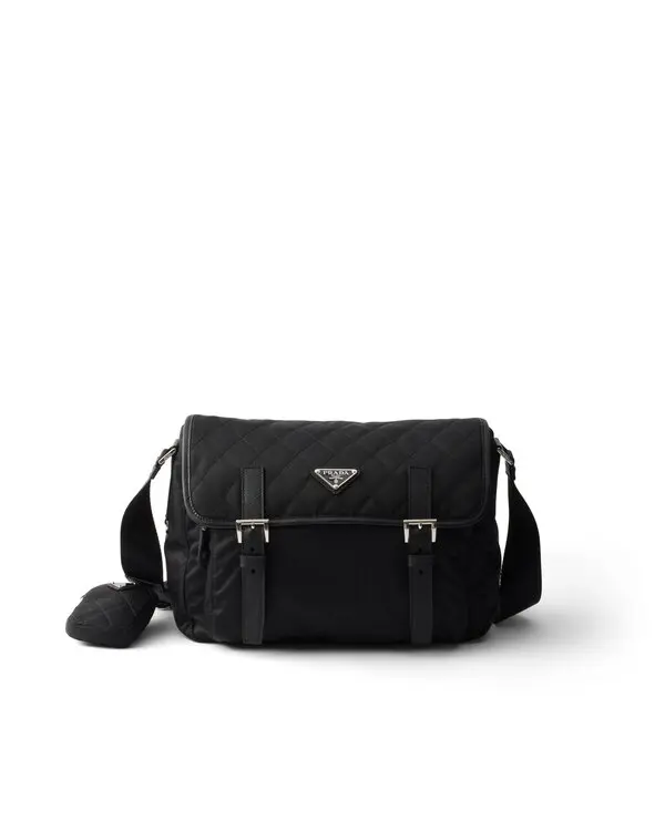 Prada Large Quilted Re-nylon Shoulder Bag With Saffiano Trim - Black