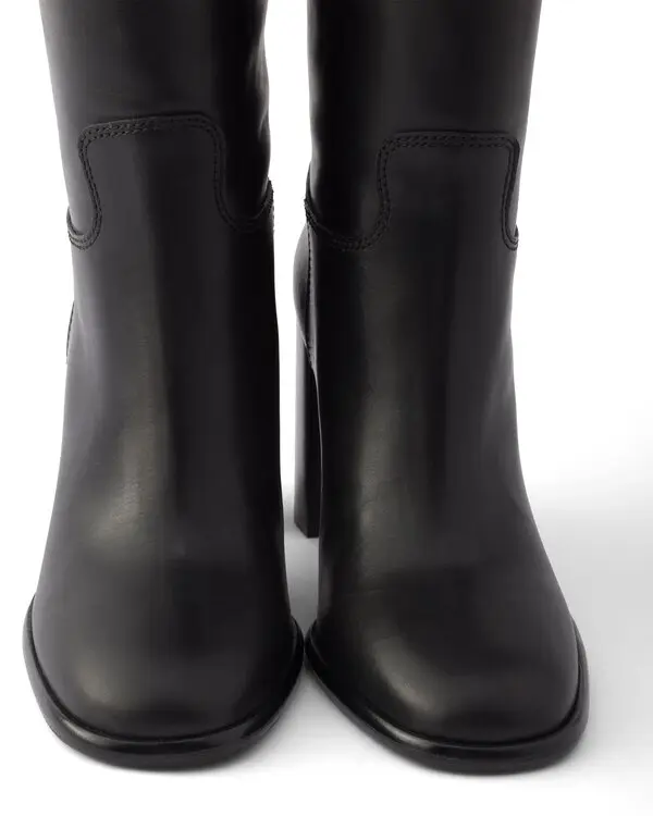 Prada Leather Knee High Boots With Block Heel