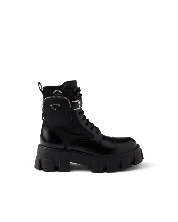 Prada Monolith Leather And Re-nylon Booties With Pouch