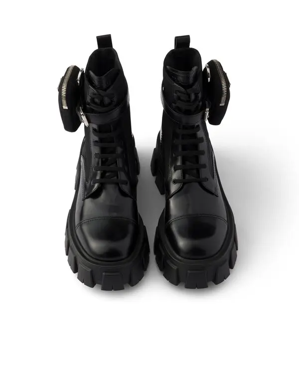Prada Monolith Leather And Re-nylon Booties With Pouch