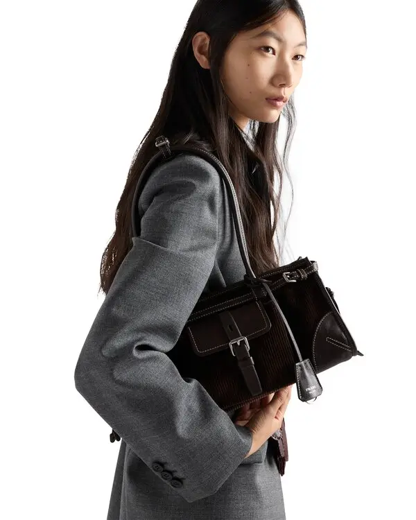 Prada Bonnie Medium Corduroy And Leather Handbag - Brown