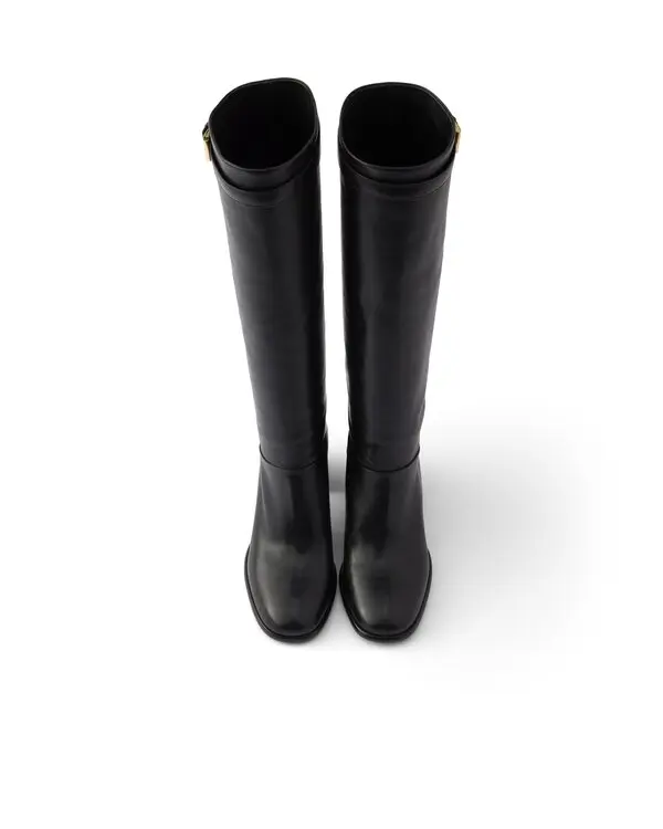 Prada Leather Knee-high Boots With Logo Buckle