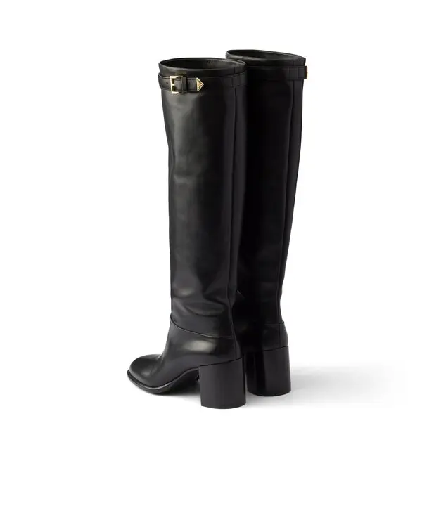 Prada Leather Knee-high Boots With Logo Buckle