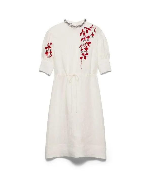 Prada Embroidered Slubbed Fabric Dress With Band Collar