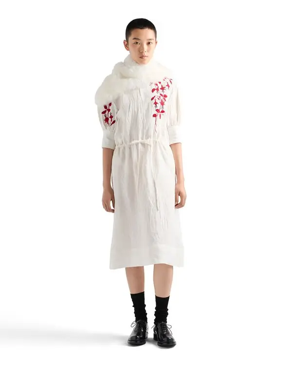 Prada Embroidered Slubbed Fabric Dress With Band Collar