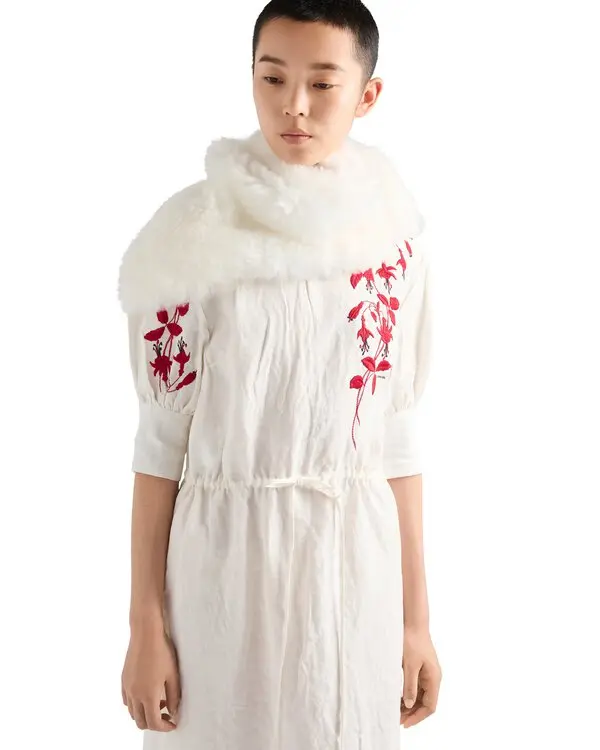 Prada Embroidered Slubbed Fabric Dress With Band Collar