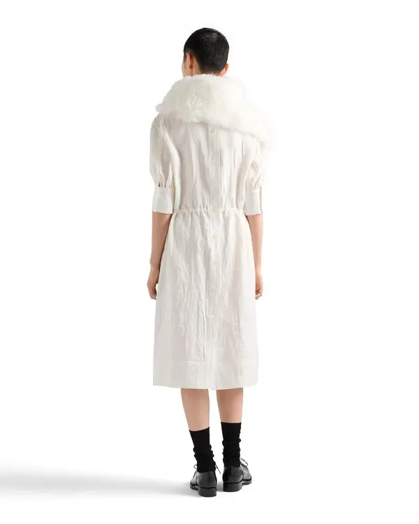 Prada Embroidered Slubbed Fabric Dress With Band Collar