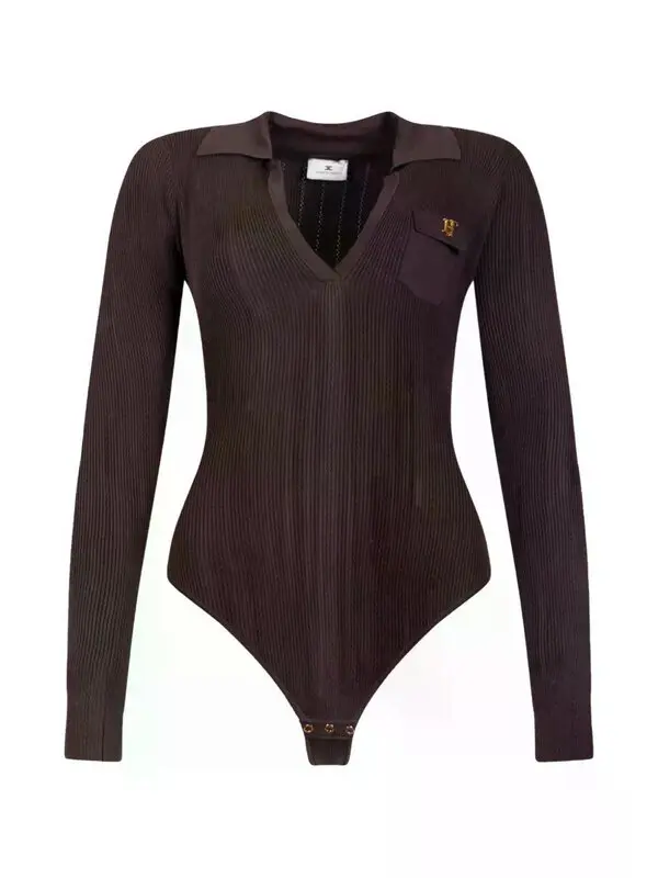 Elisabetta Franchi Ribbed Knit Bodysuit With Openwork Embroidery And Logo Detail - Brown