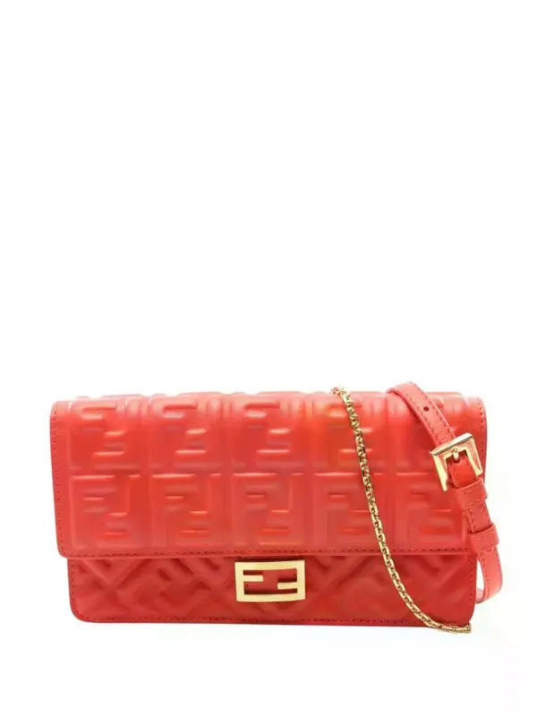 Fendi 2010-2025 Zucca Embossed Leather Baguette Wallet On Chain Crossbody Bag - Red
