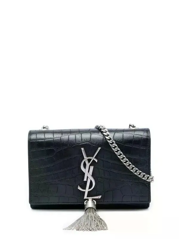 Saint Laurent 2016 Small Croc Embossed Leather Monogram Kate Tassel Crossbody Bag - Black