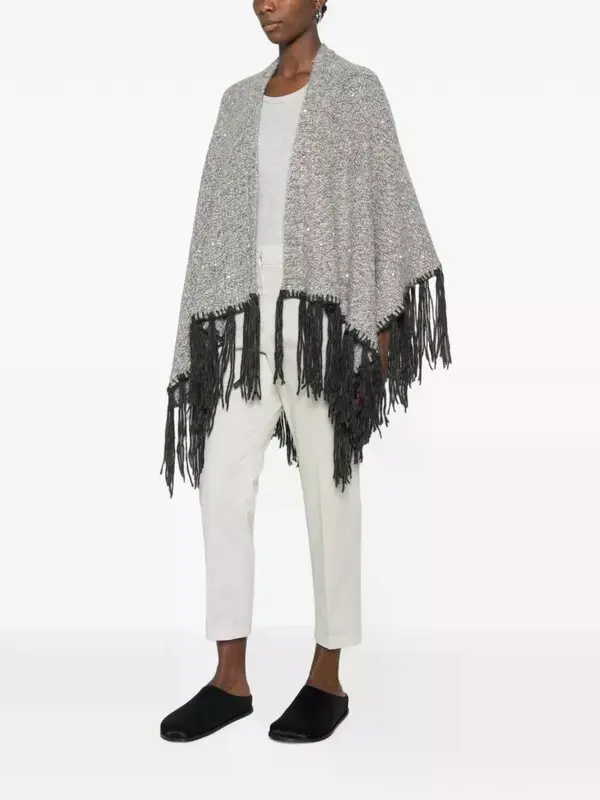 Peserico Sequin Embellished Fringed Poncho - Grey