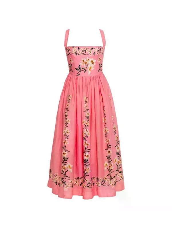Agua Bendita Mielero Promesa Floral-embroidered Midi Dress - Pink