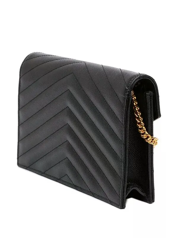 Saint Laurent Grain De Poudre Chevron Cassandre Envelope Chain Wallet Crossbody Bag - Black