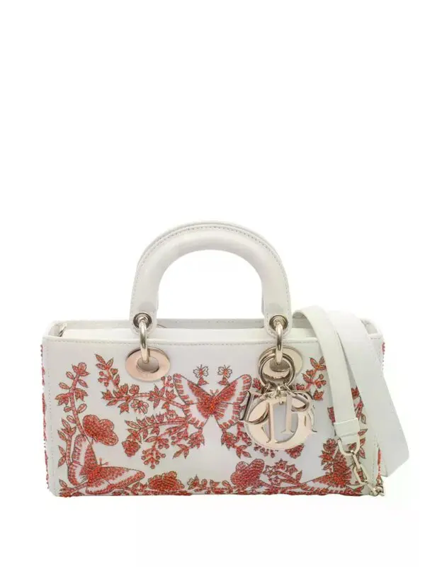 Dior 2000-2026 Medium Beaded Embroidered Leather Lady D Joy Satchel - White