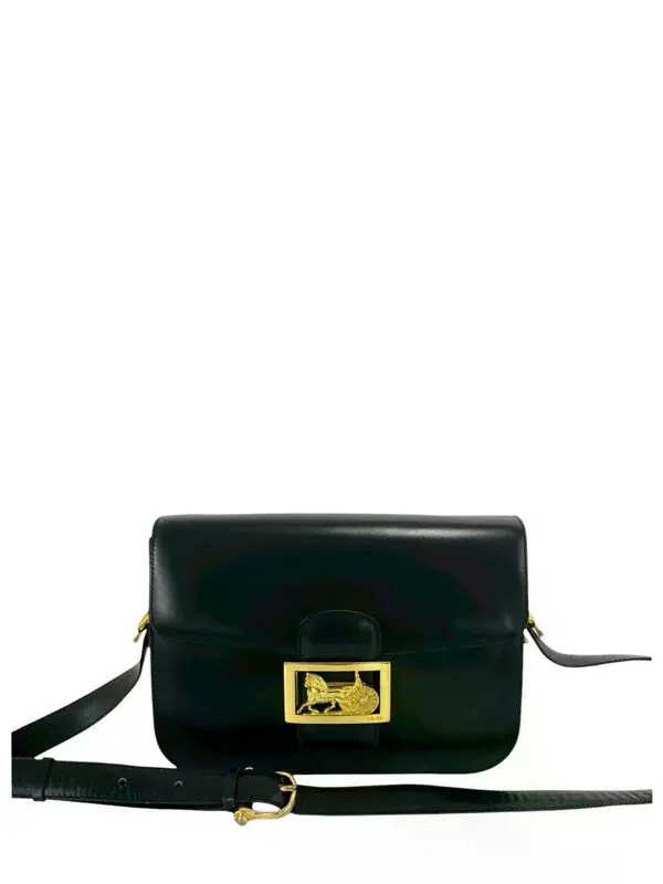 Celine 1970-1980 Leather Logo Horse Carriage Crossbody Bag - Black