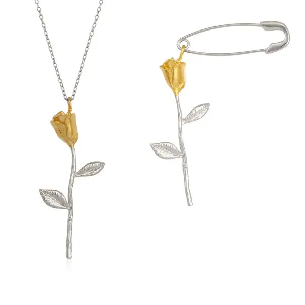 SPERO LONDON Gold Color Rose Sterling Silver Necklace & Safety Pin Earring Set - Gray/yellow