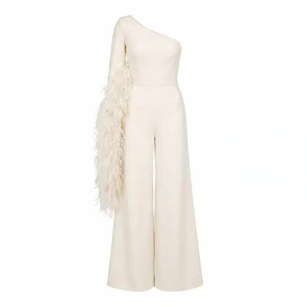 NOMI FAME Asymmetric Neckline Feather Trimmed Jumpsuit - White