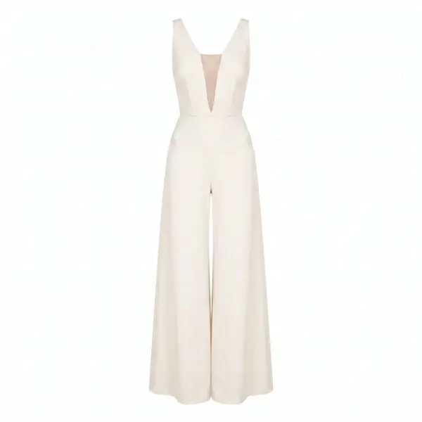 NOMI FAME Deep V-neck Cream Jumpsuit - White