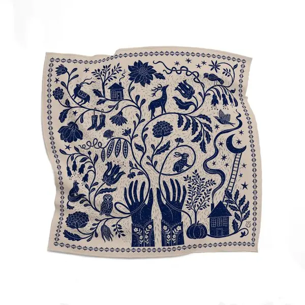 SILK&SOUL Neutrals Folk Motif Silk Scarf In Ecru And - Blue