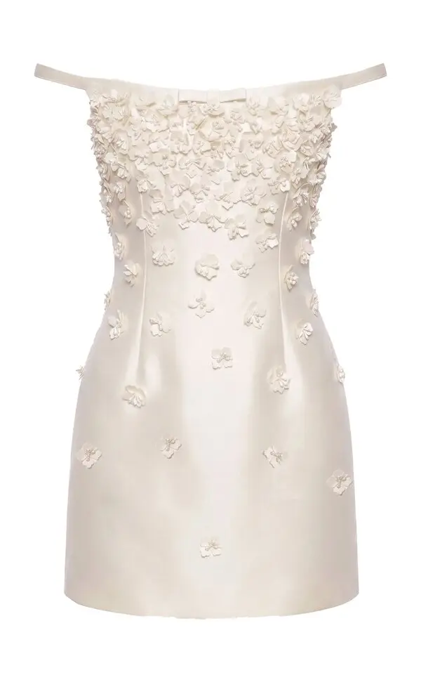 ALEXANDRA PIJUT Cosette Dress In Ivory Silk Wool With Petite Fabric Flowers - White