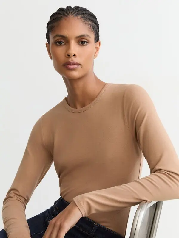 REISS Jada Cotton Crew-neck Long-sleeve T-shirt - Camel
