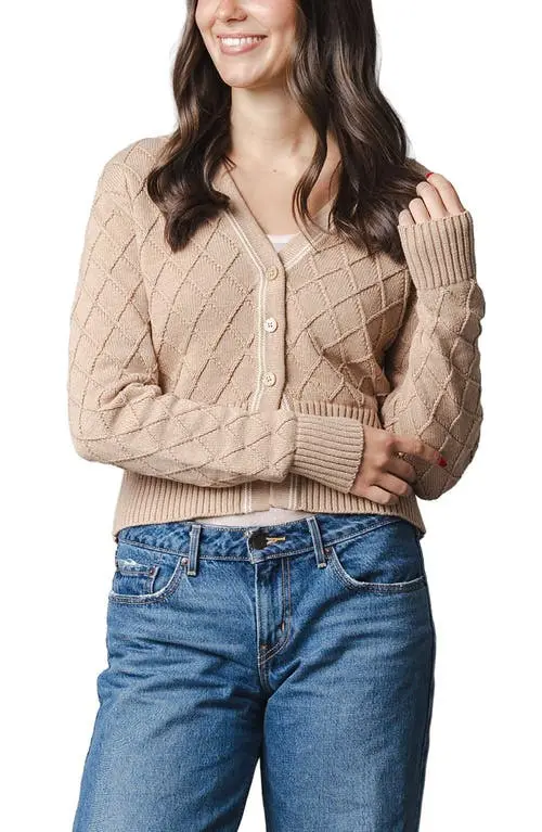 HOPE & HENRY Organic Cotton Lattice Texture V-neck Cardigan Sweater