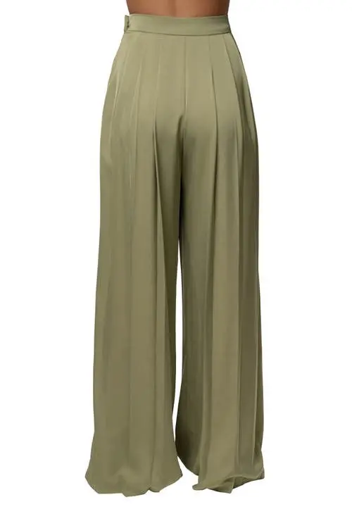 JLUXLABEL Clara Wide Leg Pleated Trousers - Olive