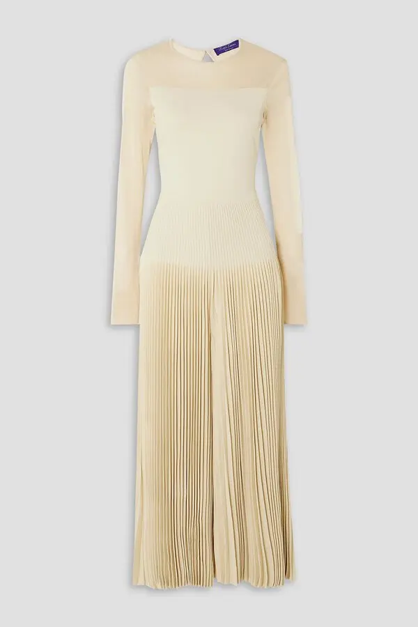 Ralph Lauren Tulle-trimmed Plissé-knit Jumpsuit - Cream