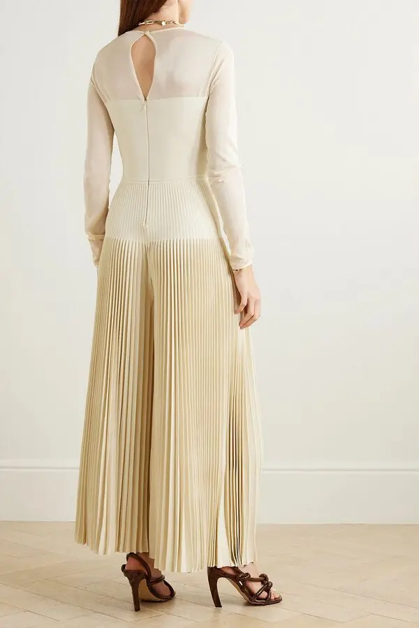 Ralph Lauren Tulle-trimmed Plissé-knit Jumpsuit