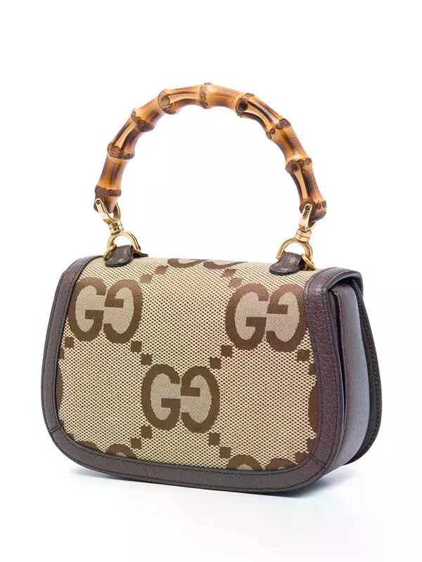 Gucci 2016-2026 Small Jumbo Gg Canvas Web Bamboo 1947 Top Handle Bag Satchel - Neutrals