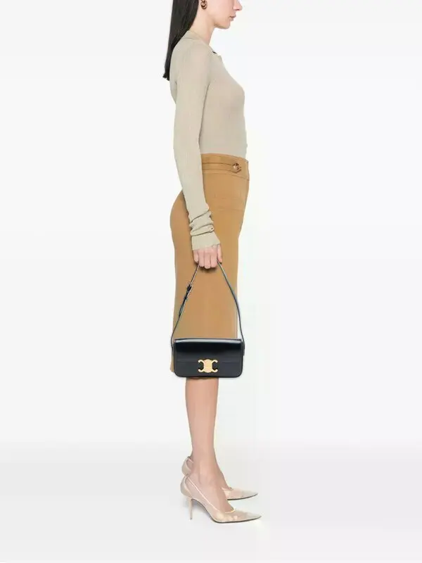 Celine Shiny Calfskin Triomphe Claude Shoulder Bag - Black