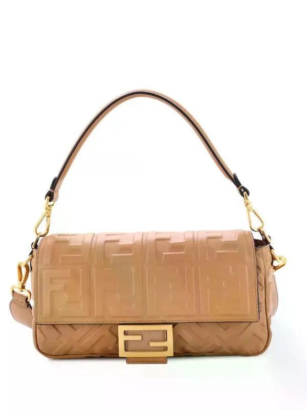 Fendi Baguette Nm Bag Zucca Embossed Leather Medium Crossbody Bag - Brown