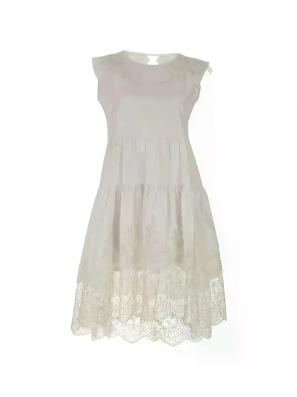 MAURIZIO MYKONOS Sleeveless Lace Insert Ruffled Midi Dress