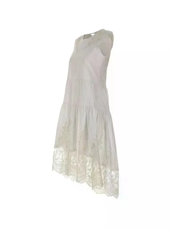 MAURIZIO MYKONOS Sleeveless Lace Insert Ruffled Midi Dress