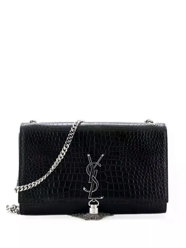 Saint Laurent Monogram Tassel Crocodile Embossed Leather Medium Crossbody Bag - Black