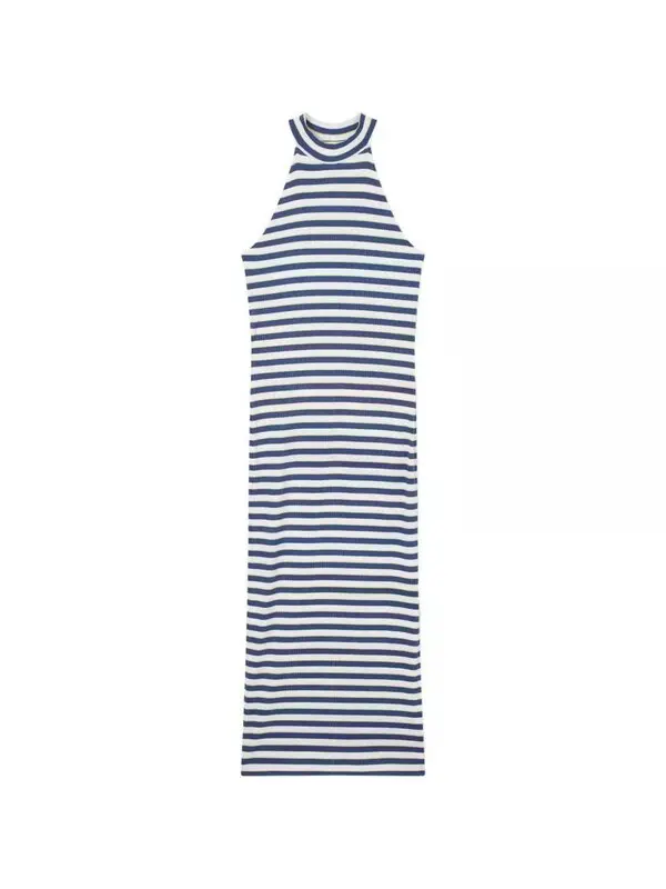 EA7 Striped Halterneck Ribbed Knit Maxi Dress