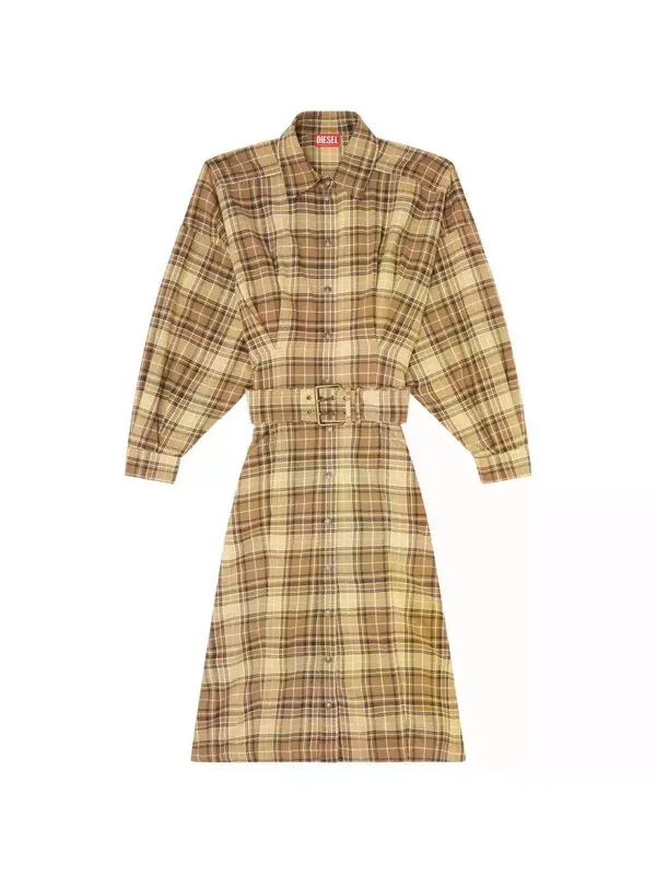 DIESEL® Checked Cotton Flannel Midi Shirt Dress With Wide Belt