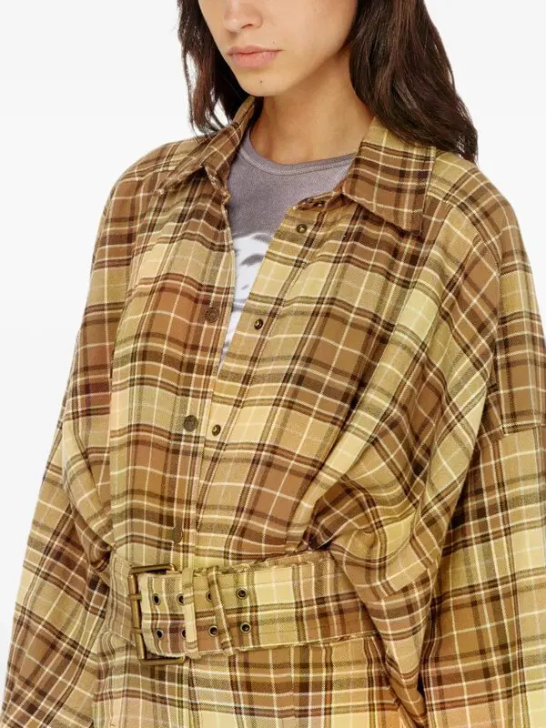 DIESEL® Checked Cotton Flannel Midi Shirt Dress With Wide Belt