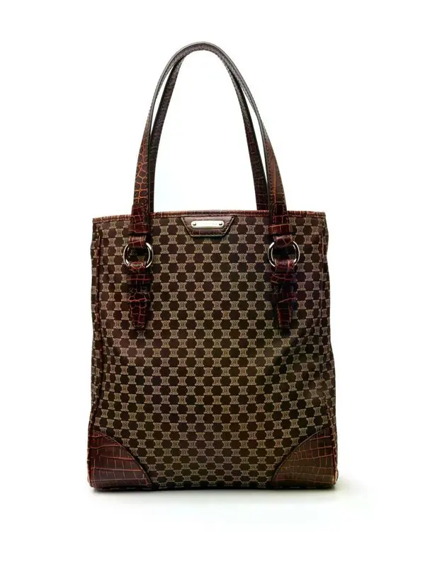 Celine 2008 Croc Embossed Leather Trimmed Macadam Canvas Tote Bag - Brown